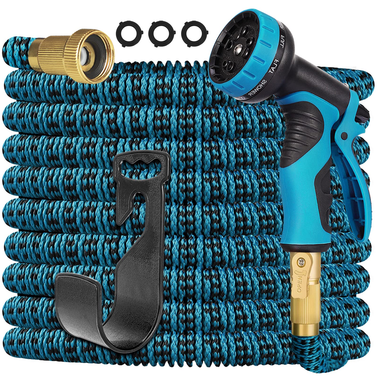 Juvoery 50FT Flexible Garden Hose - Water Garden Hose with 10 Function Nozzle, Lightweight Anti-kink Design for Outdoor Use, 3-Layer Latex and 3/4 Inch Solid Fittings (Blue)