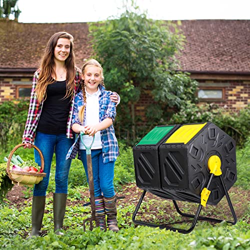 Saicool 37 Gal Dual Chamber Tumbling Composter, Outdoor Rotating Compost Bin w / 2 Sliding Doors, Easy-Turn, Fast-Working System for Garden/Patio¡