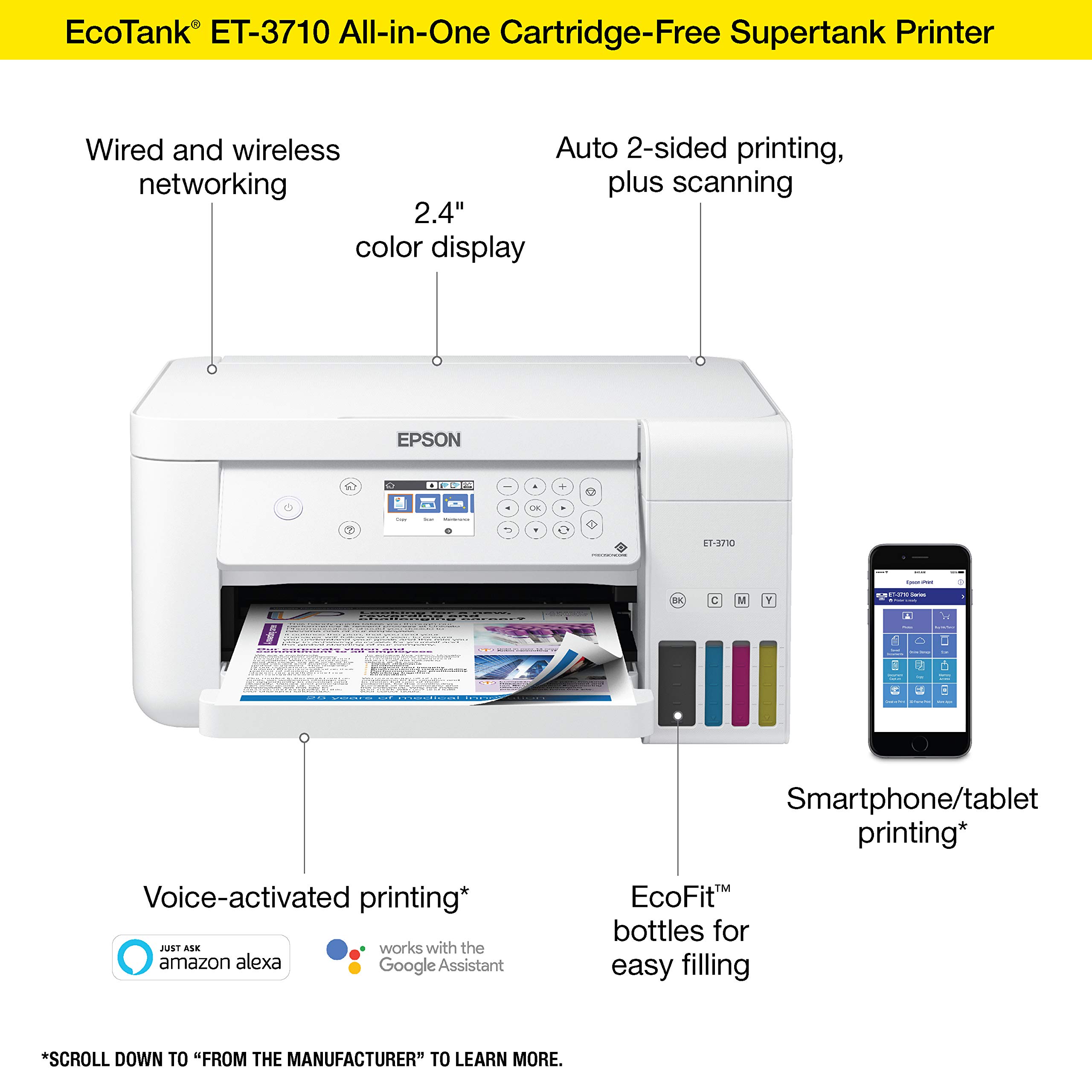 Epson EcoTank ET-3710 Wireless Color All-in-One Cartridge-Free Supertank Printer with Scanner, Copier and Ethernet, Compatible with Alexa (Renewed)