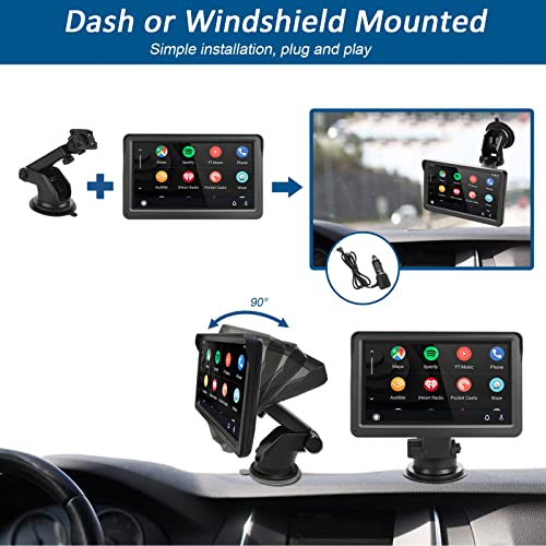 Portable Car Stereo with Wireless Apple Carplay and Android Auto - 7" Touchscreen Car Radio with Bluetooth | Mirror Link | Dash or Windshield Mounted