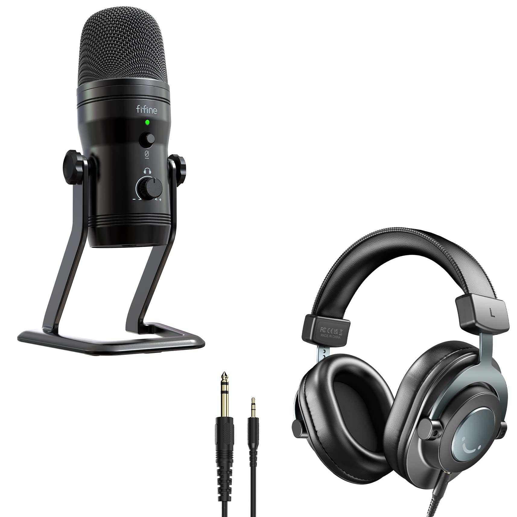 FIFINE USB Studio Recording Microphone 3.5mm/6.35mm Monitor Headphones for Podcast, Computer Mic with Mute Button, Four Pickup Patterns for Vocals ASMR, Black Headphones (K690+H8)