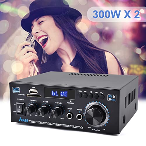 Stereo Audio Amplifier Receiver, 300Wx2 Home Dual Channel Bluetooth 5.0 Sound Speaker AMP, Home Amplifiers FM Radio, USB, SD Card, with Remote Control Home Theater Audio Stereo System Components