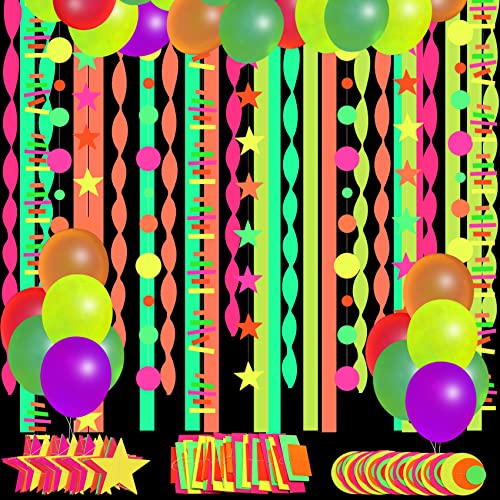 Neon party Supplies Neon Streamers Paper Glow Party Garland Hanging Decorations UV Neon Glow Balloons for Birthday, Christmas, Wedding, Black Light Party Supplies