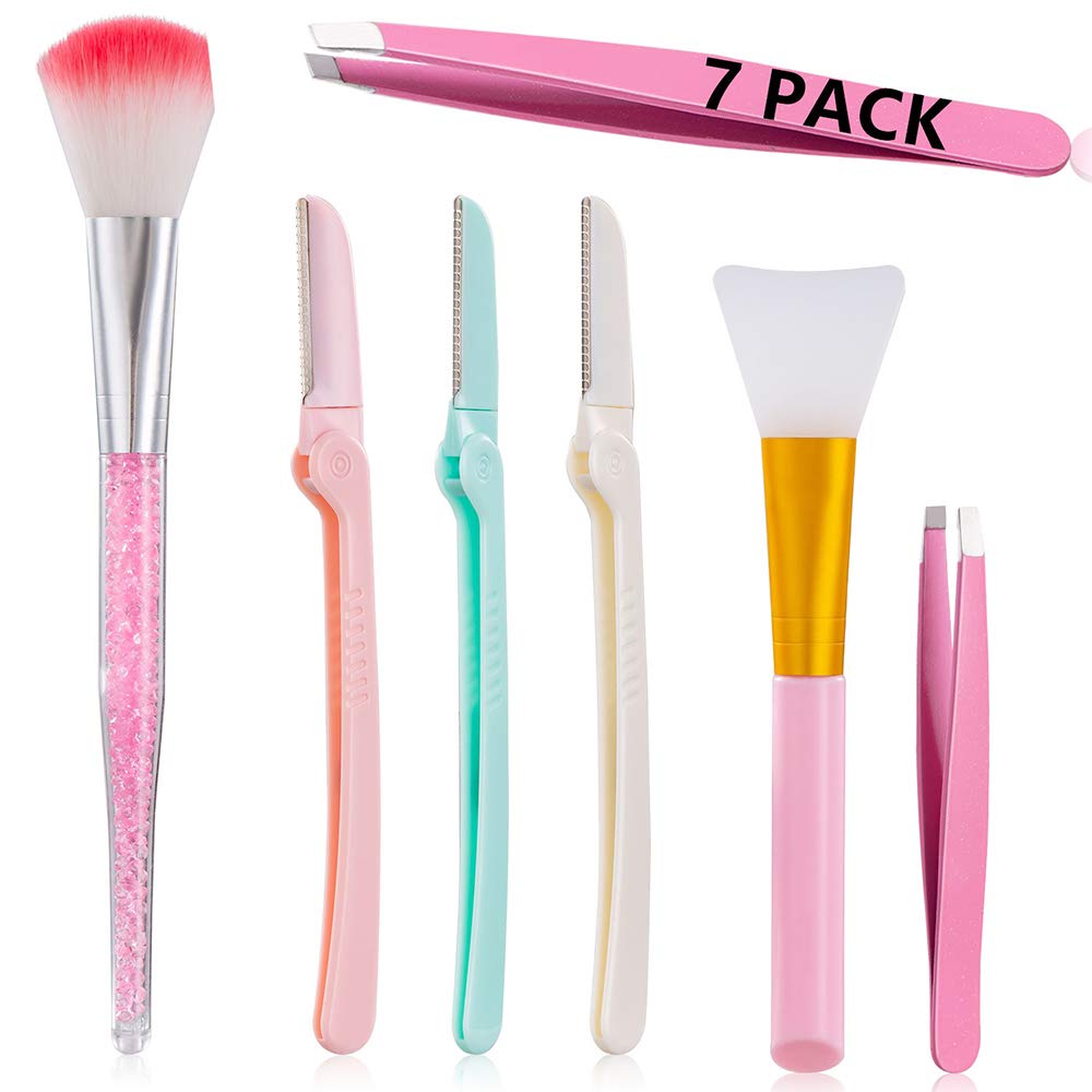 Eyebrow Razor, Blush Brush, Eyebrow Tweezers, 7 Pack in 1 Eyebrow Razor kit, Multipurpose Exfoliating Dermaplaning Tool for Woman Eyebrow Trimmer Shaver And Eyes Makeup