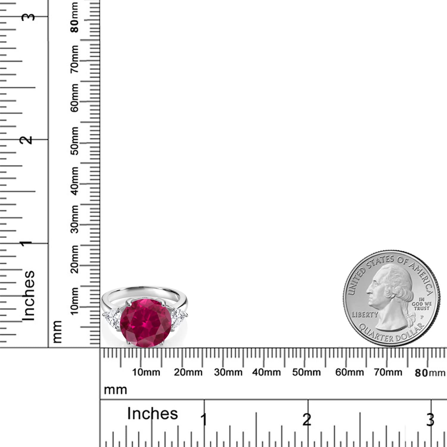 Gem Stone King 925 Sterling Silver Red Created Ruby 3-Stone Ring For Women (8.54 Cttw, Round 12MM, Trillion 5MM, Available In Size 5, 6, 7, 8, 9)