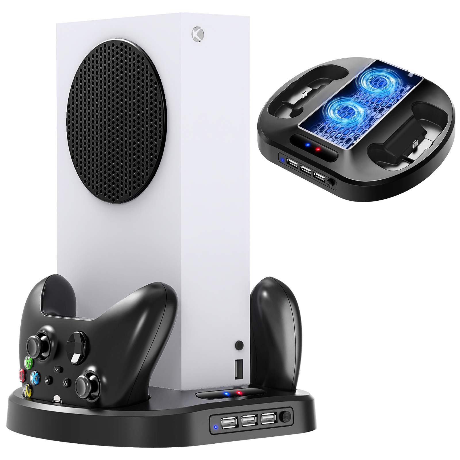 FASTSNAIL Cooling Stand for Xbox Series S Console, Xbox Series S Vertical Stand with Cooling Fan Cooler, Dual Charging Dock for Xbox Series Controller Charger Docking Station