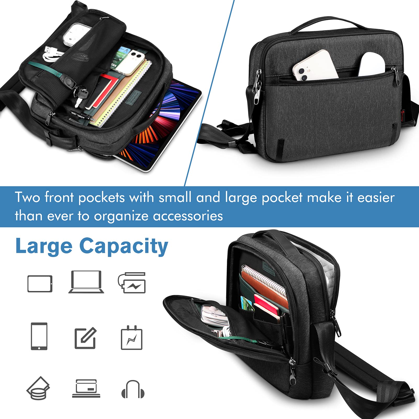 FINPAC Tablet Shoulder Bag for 11 Inch iPad Pro (4th/3rd/2nd/1st Gen) 2022-2018, 10.9 Inch iPad 2022, iPad Air 5/4, 10.2 Inch iPad, Padded Carrying Case for Surface Go, Galaxy Tabs, Black