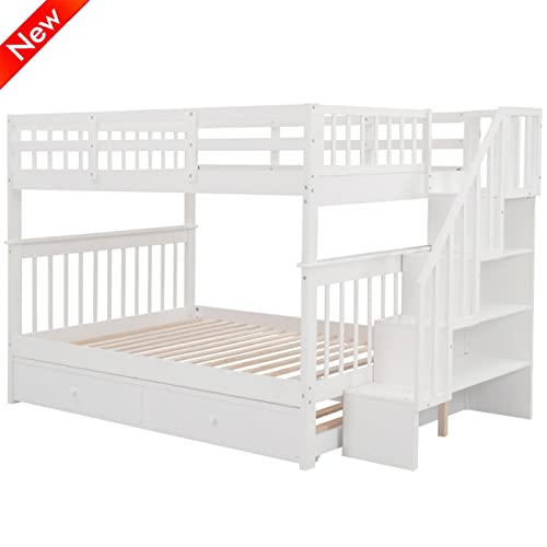 SNIFIT Upgraded Version & Stronger Solid Wood Convertible Bunk Bed Full Over Full with Trundle & Storage Shelves & Stairs, Thickened Reinforced Full Over Full Size Bunkbed (Easier Assembly) (White)