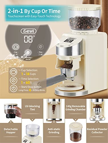 Gevi 20 Bar Compact Professional Espresso Coffee Machine with Milk Frother for Espresso, Latte and Cappuccino Burr Coffee Grinder with 35 Precise Grind Settings, Beige