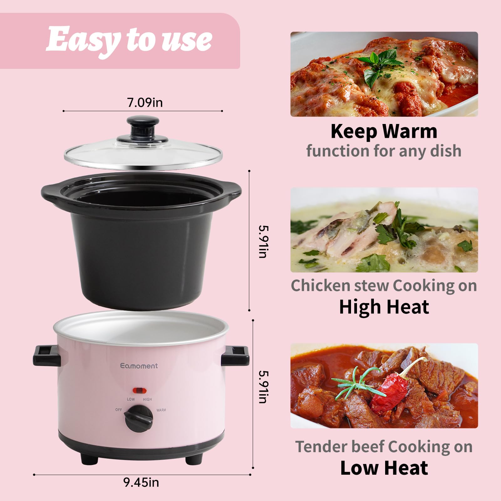 Small Slow Cooker Pink 1.5 Quart Mini Ceramic Pot Adjustable Temperature/Main Dishes/Sauces/Stews and Dips.Dishwasher-Safe Glass Lid and Pot