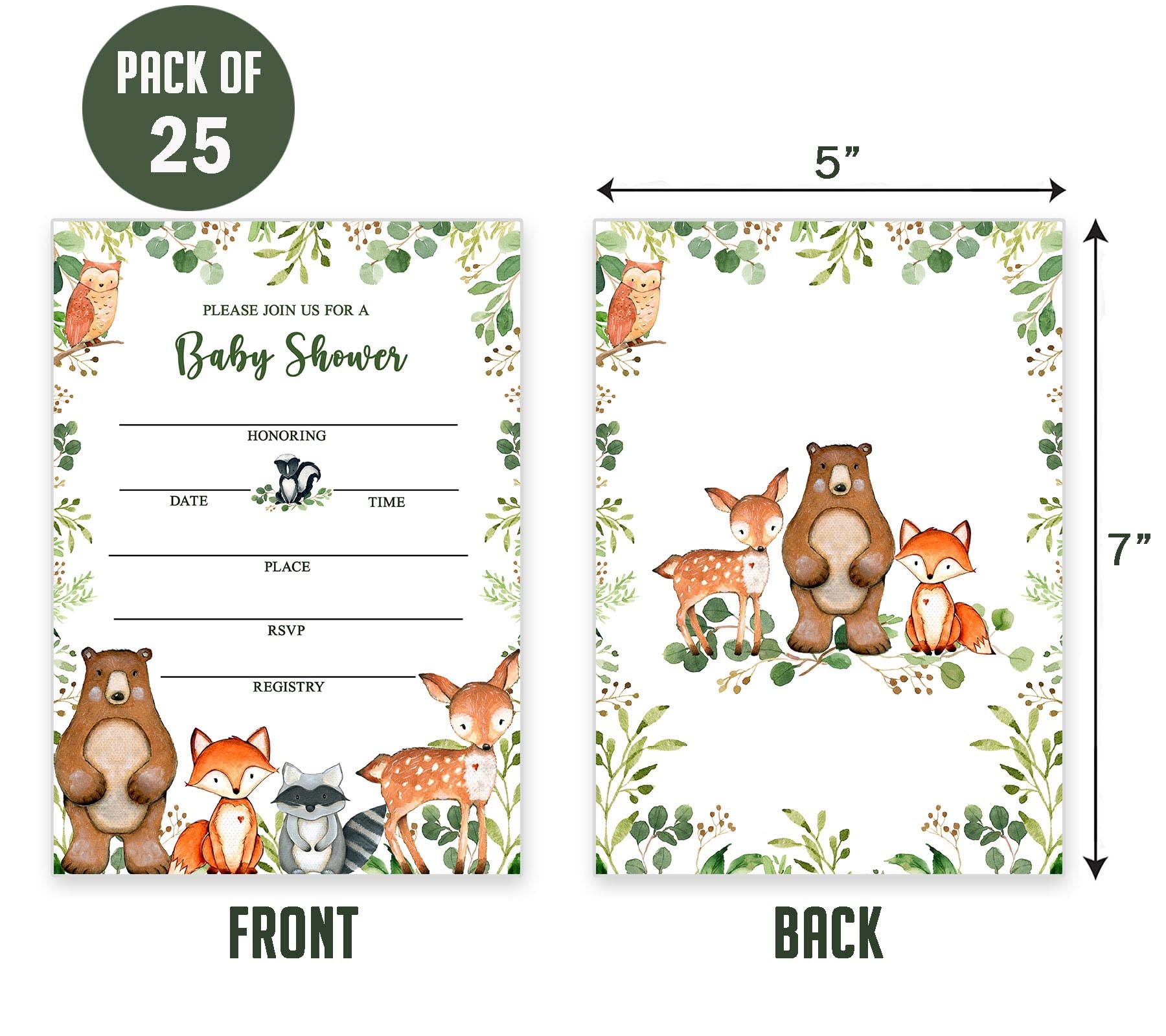 Yuzioey Woodland Baby Shower Invitations, 25 Pack Woodland Greenery Invitations Macthing Envelpoes, Diaper Raffle Tickets, Book Request Cards, Forest Creatures Invitations