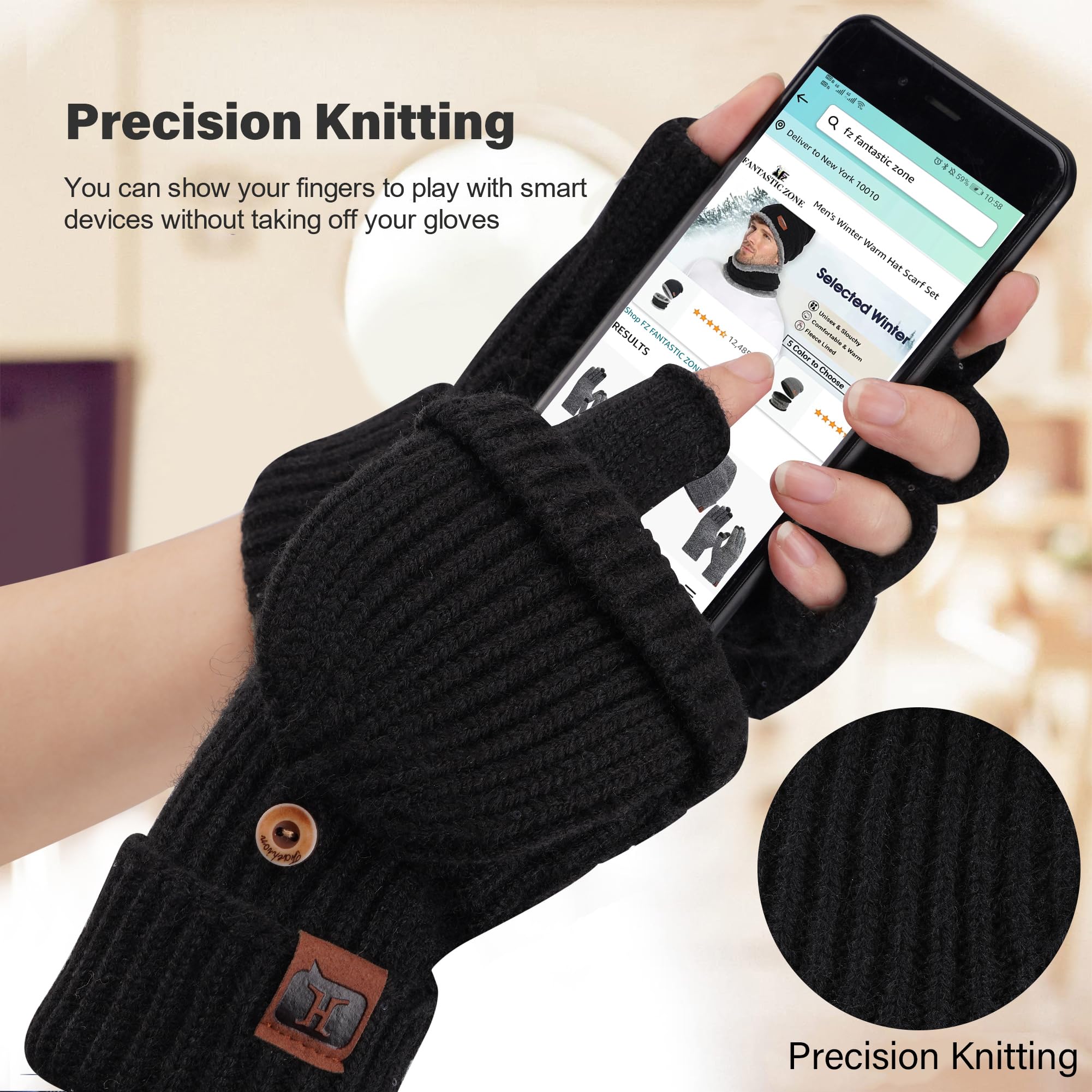 FZ FANTASTIC ZONE Womens Winter Knit Fingerless Work Gloves Convertible Mittens Warm for Cold day