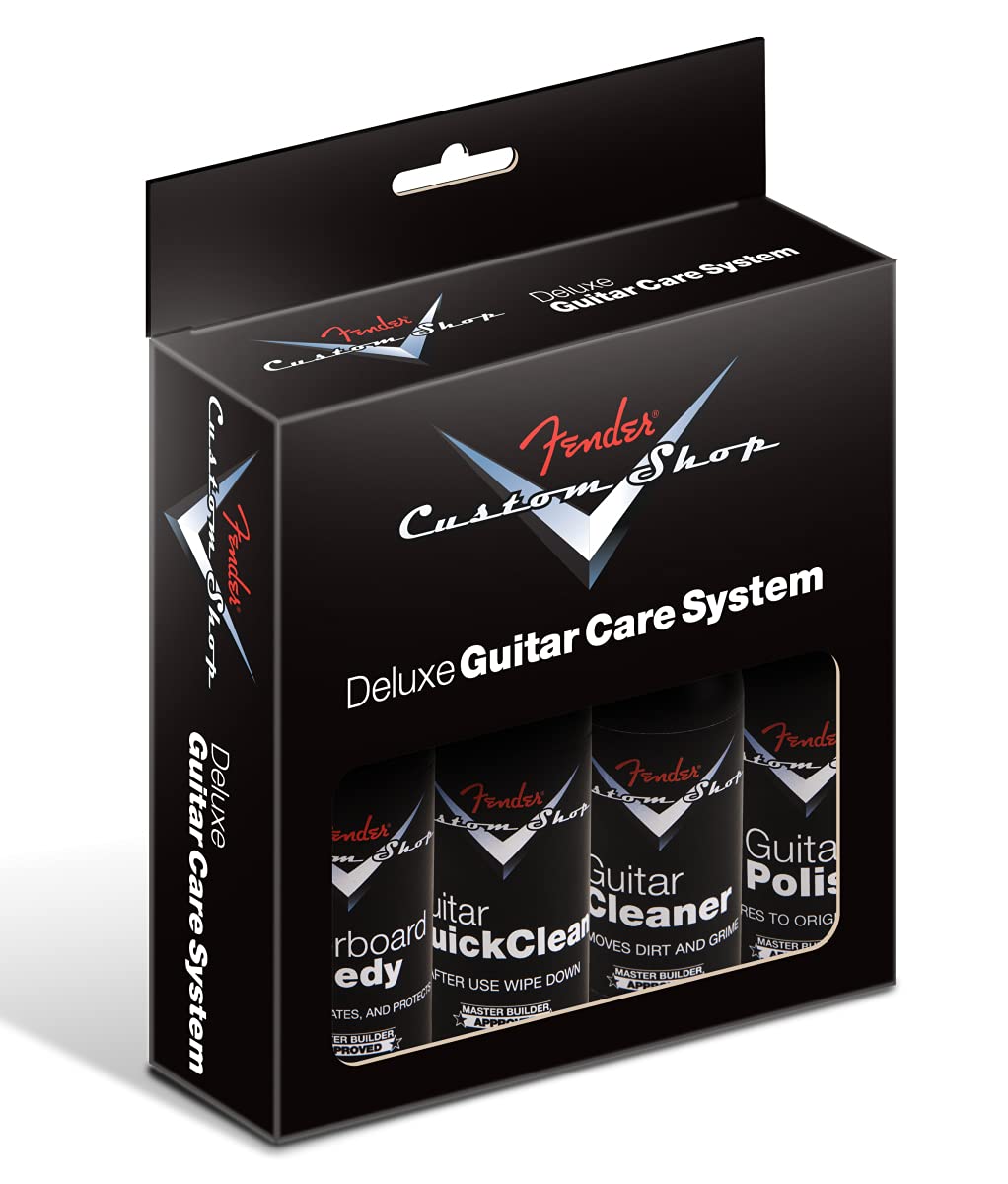 Fender Guitar Super Care Kit Bundle with Speed Stick String Cleaner, Custom Shop Deluxe Guitar Care System 4 Pack, Super-Soft Dual-Sided Microfiber Cloth, and Fender Factory Microfiber Cloth
