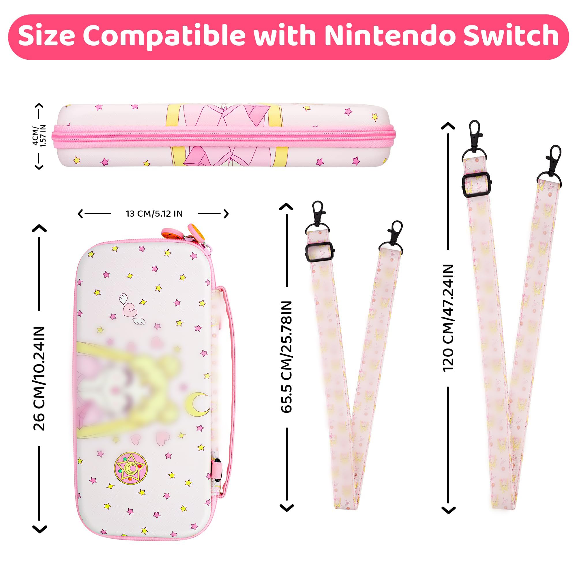FUNDIARY Anime Girl Carrying Case for Nintendo Switch, Cute Travel Bag Storage Case for Switch and Accessories with Protective Shell, Screen Protector, Adjustable Shoulder Strap and 2 Thumb Grips