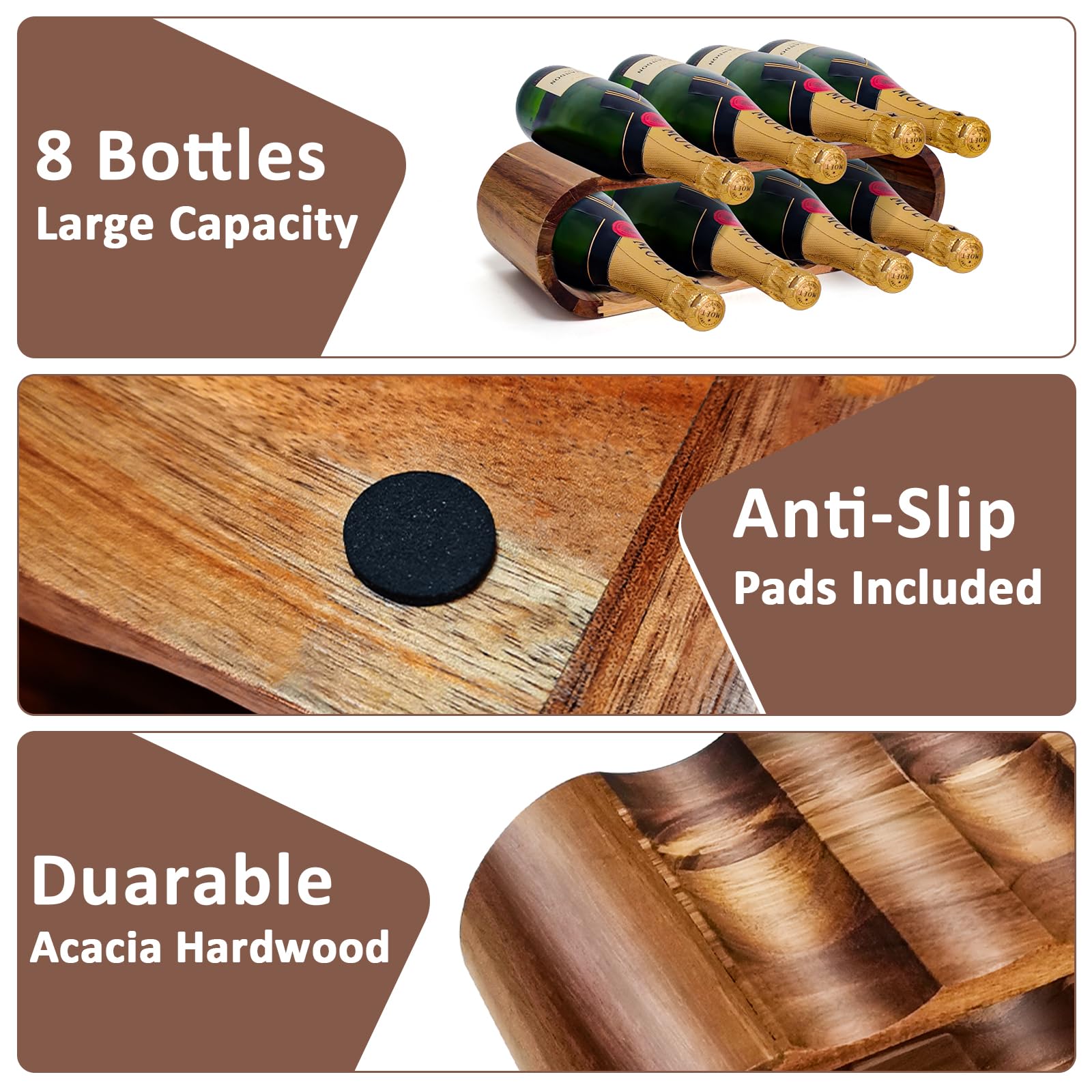 GooComfy (2023 Upgrade) Wooden Countertop Wine Rack, 8 Bottles Tabletop Champaign Holder, for Home Display and Wine Gift