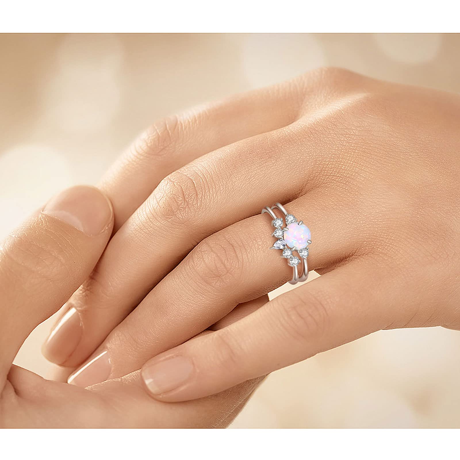 Fiklon 925 Sterling Silver Stackable Opal Ring Set White Gold Dainty Cubic Zirconia Crown Princess Rings Delicate Opal Stone Crystal Jewelry (Opal Ring Set, 6)