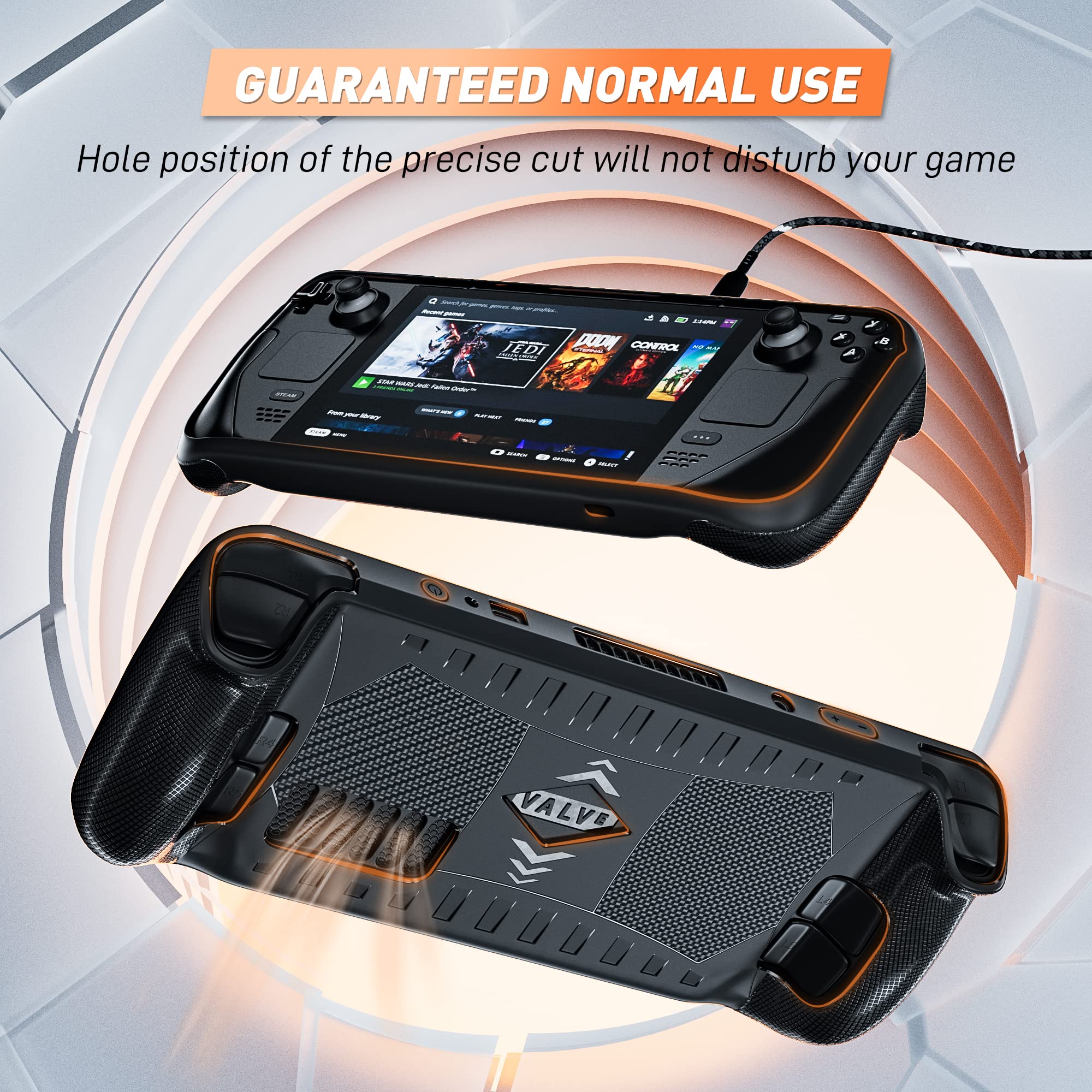 FUNDIARY Thickened TPU Protective Shell for Steam Deck, Non-Slip Texture Handle Case Compatible with Steam Deck, Anti-Collision Cover with 4 Thumb Caps and 2 Tempered Glass Screen Protector