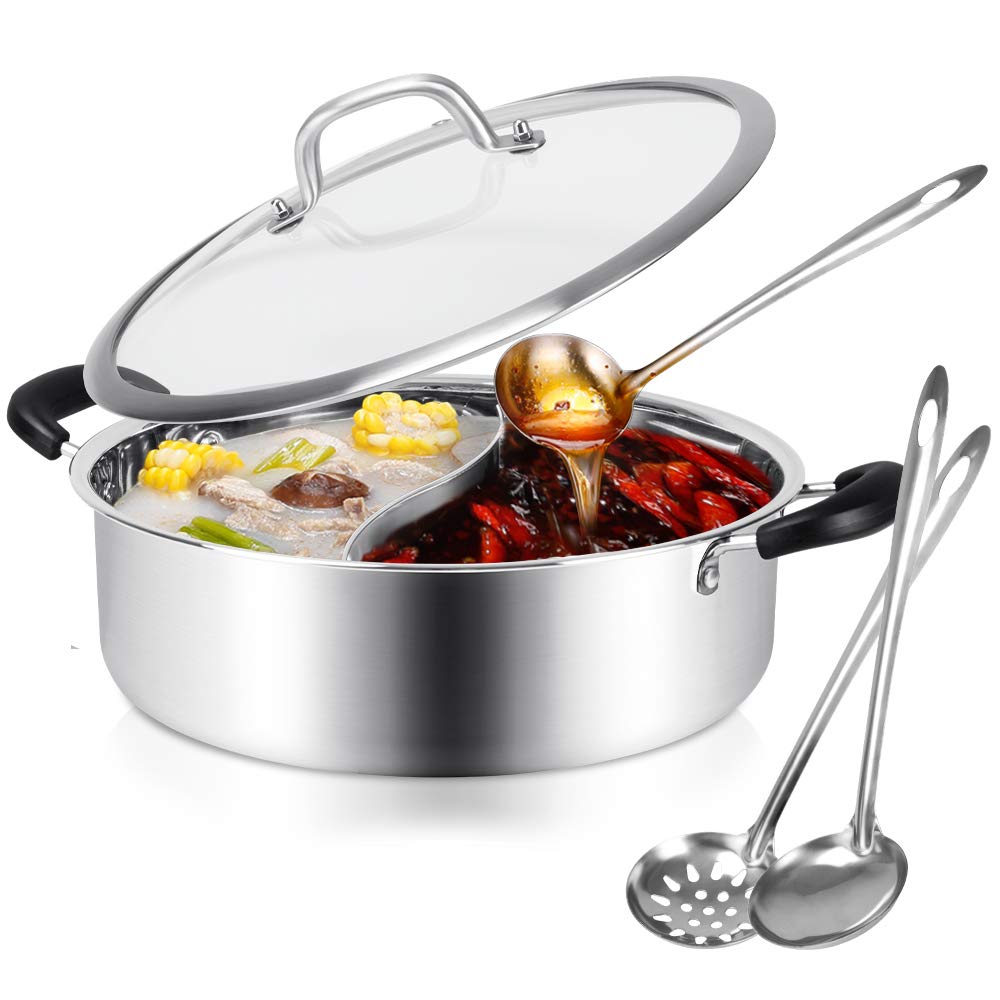 Hot Pot with Divider Stainless Steel Shabu Shabu Pot for Induction Cooktop Gas Stove 11āā Suitable for 2-3 Person (11 inch)