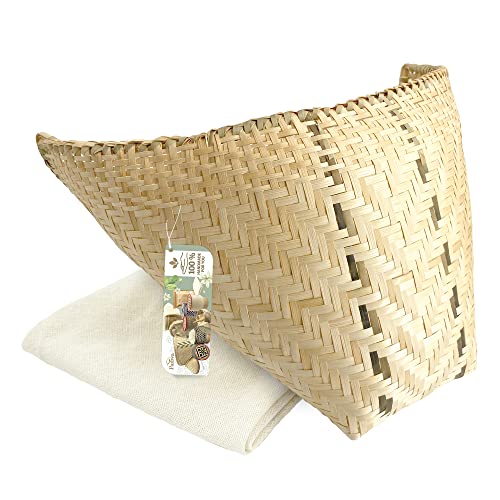 PANWA Thai Bamboo Satin Weave Sticky Rice Cooking Basket with 24ββ Round Reusable Cheesecloth and Wicker Lid and 2 Sticky Rice Paddle Wooden Spoons