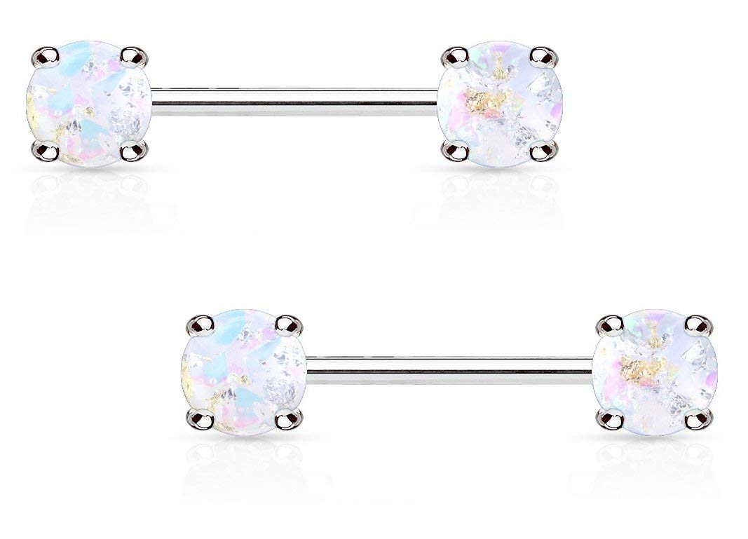 Forbidden Body Jewelry Pair of Surgical Steel 9/16 Inch (14mm) Glittery Faux Opal Stone Sexy Nipple Barbells, Clear