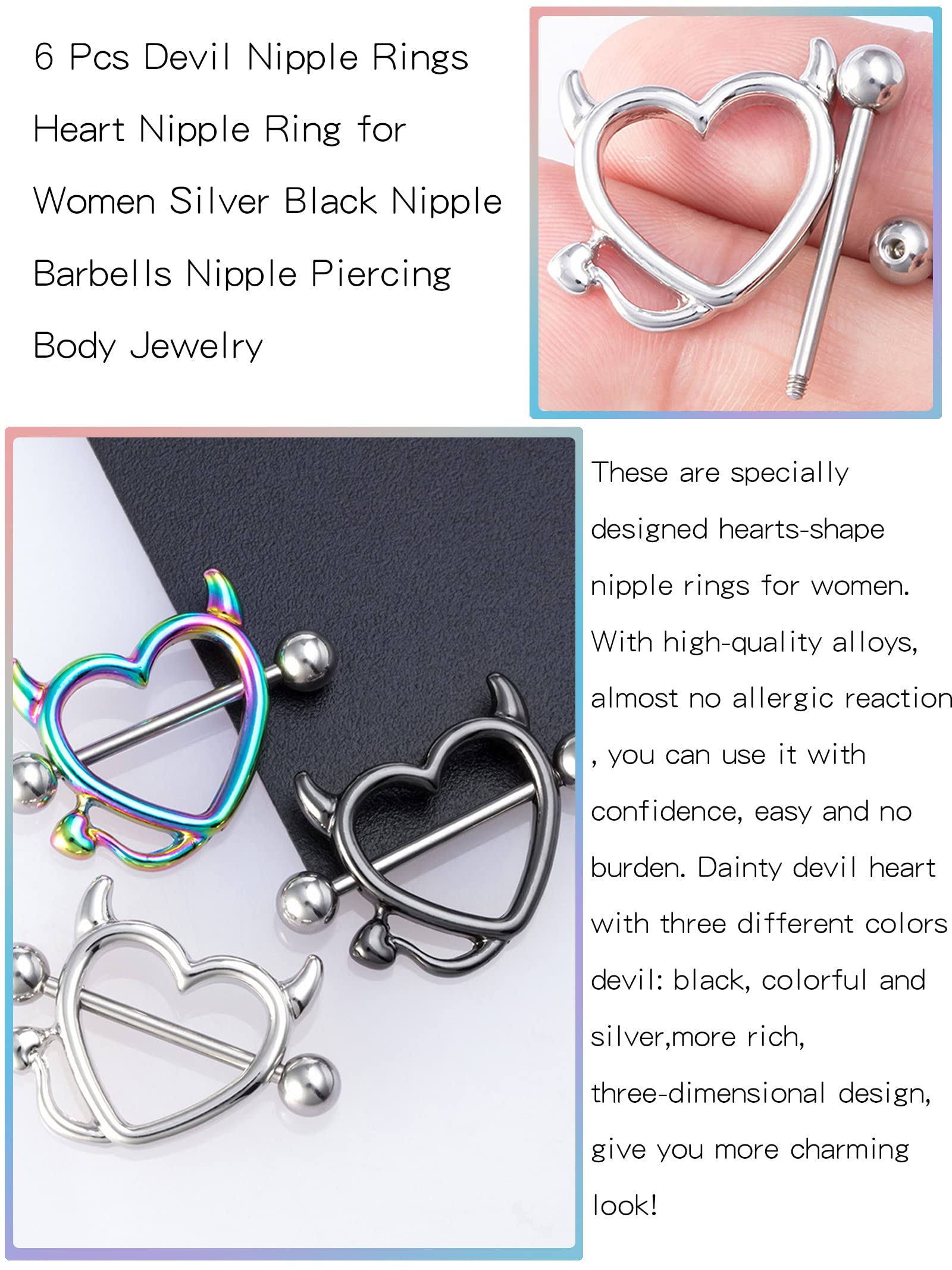 Frodete 6 Pcs Devil Nipple Rings Heart Nipple Ring for Women Silver Black Nipple Barbells Nipple Piercing Body Jewelry