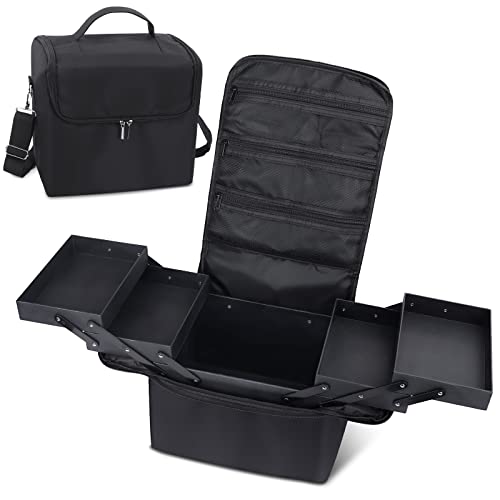 Large Nail Supply Organizers and Storage for Nail Tech, 4 Trays Nail Polish Organizer Travel Bag, Makeup Train Case Professional for Crafter Tools, Cosmetologist, Makeup Tools Organizer Case (Black)