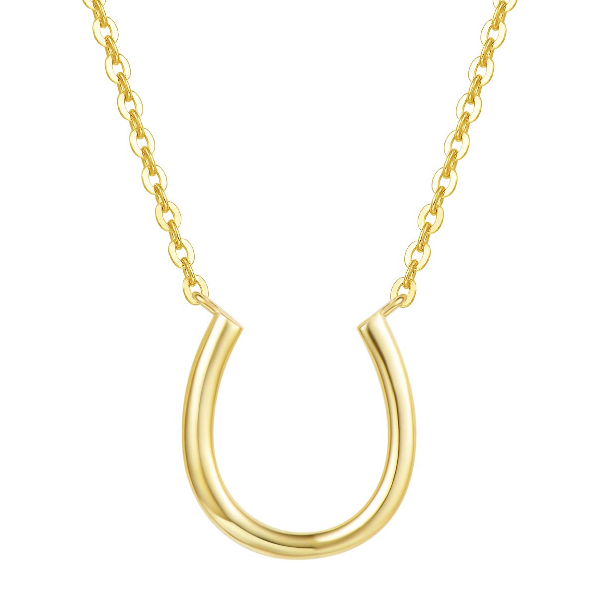 FANCIME 14K Real Solid Gold Horseshoe U Shape Pendant Necklace Fine Jewelry for Women 16+2 inch Extender