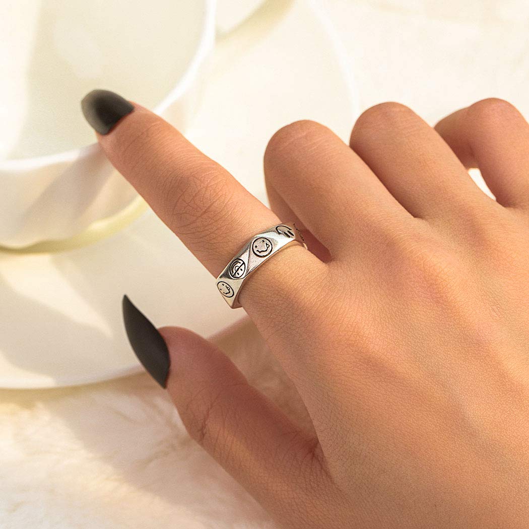 Fstrend Smily Face Ring Retro Silver Stainless Steel Rings Vintage Smiling Statement Band Adjustable Open Ring Jewelry for Women and Girls