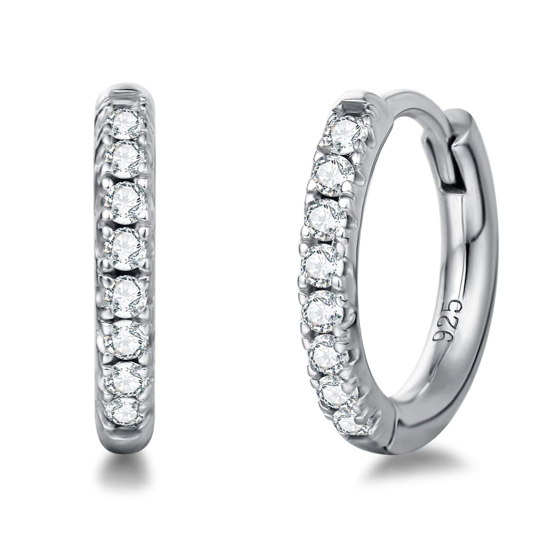 FANCIME 14K White Gold Plated Sterling Silver Hoops Round Cut Clear CZ Cubic Zirconia Hinged Cartilage Dainty Huggie Tiny Small Hoop Earrings for Women, 13mm