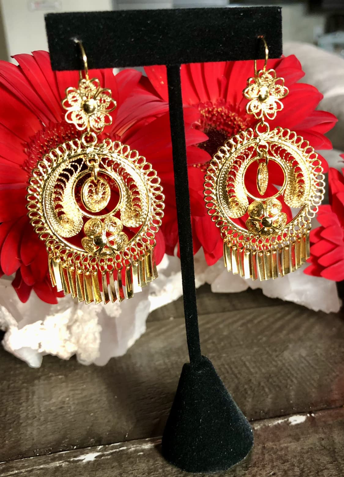 Folklorico Dance Traditional Mexican Gold Filigree Earrings, Flower, Medium, Gold, Day of the Dead, Mexican Earrings