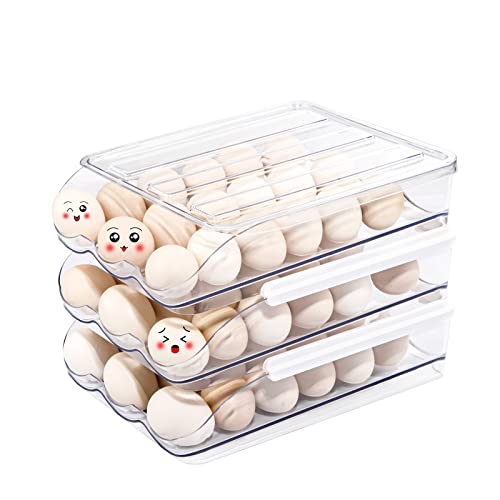 Rubtlamp Clear Egg Holder for Refrigerator,Plastic Rolling Egg Storage Container for Fridge with Lid,3 Drawers Stackable Egg Fresh Storage Box,54 Capacity Egg Storage Bin for Kitchen