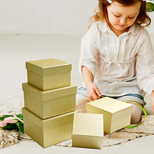 PAPER FAIR 5PCS Bright Gold Glitter Nesting Gift Boxes Set, Flat Square Cardboard Storage Organizer Keepsake Box with Lid Durable Reusable, for Gift Wrapping Holiday Present Christmas Birthday, Assorted Size