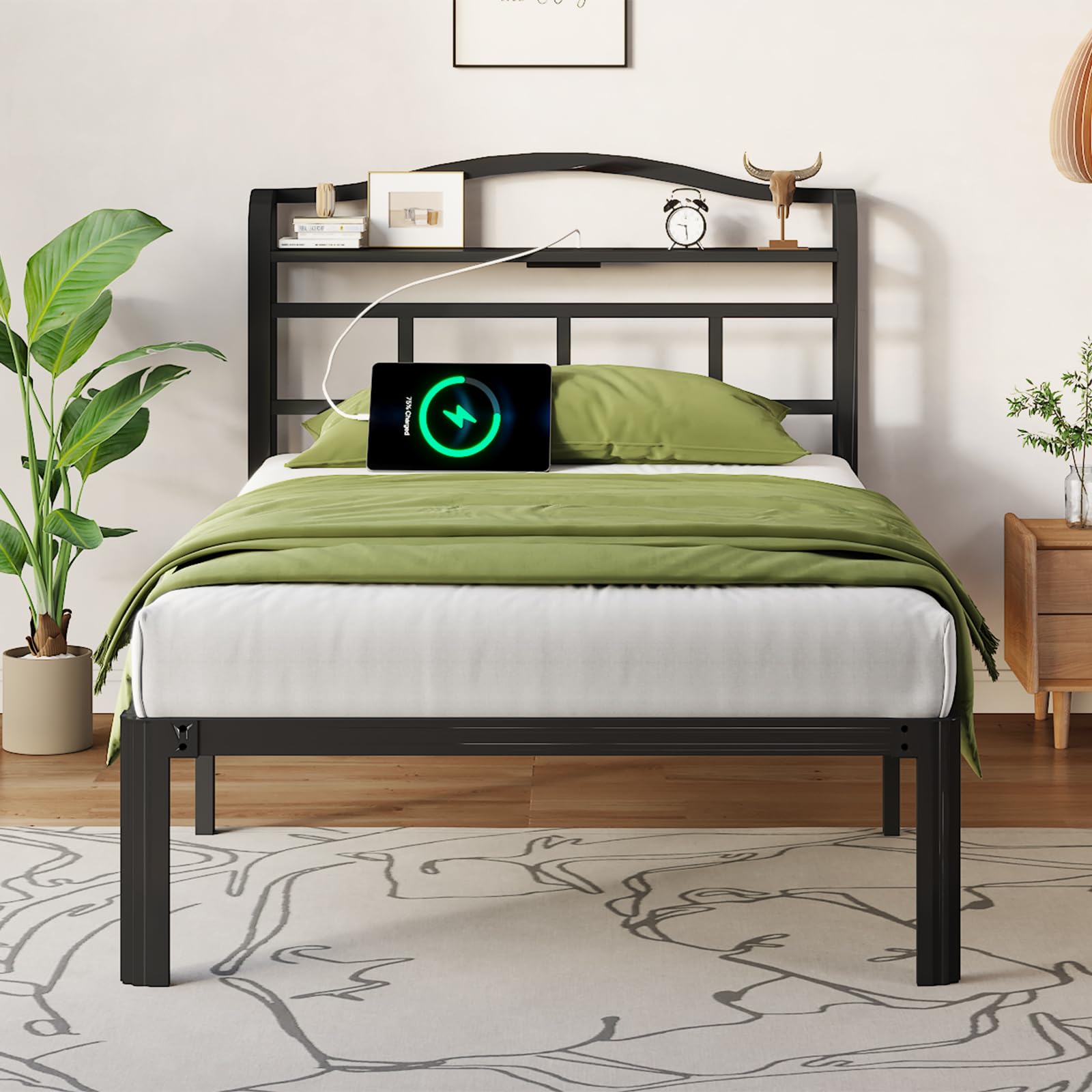 OSASET Twin Bed Frame - Twin Bed Frame with Headboard and USB & Type C Charging Station, Heavy Duty Metal Bed Frame No Box Spring Needed with Ample Storage Space - Easy Assembly and Noise Free