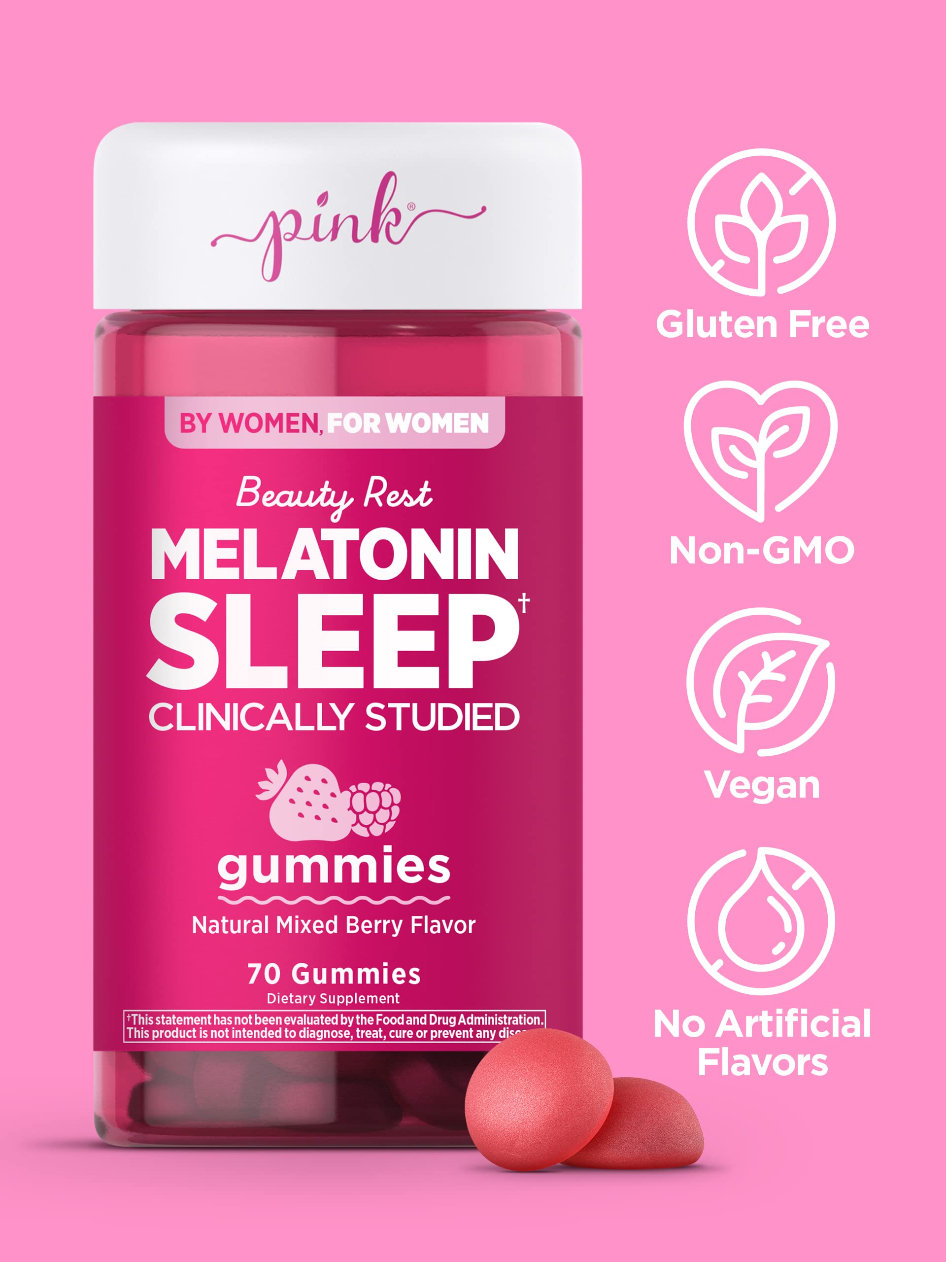 PINK Melatonin Gummies | 10mg | Max Potency | Vegan, Non-GMO & Gluten Free | 70 Count | Mixed Berry Flavor