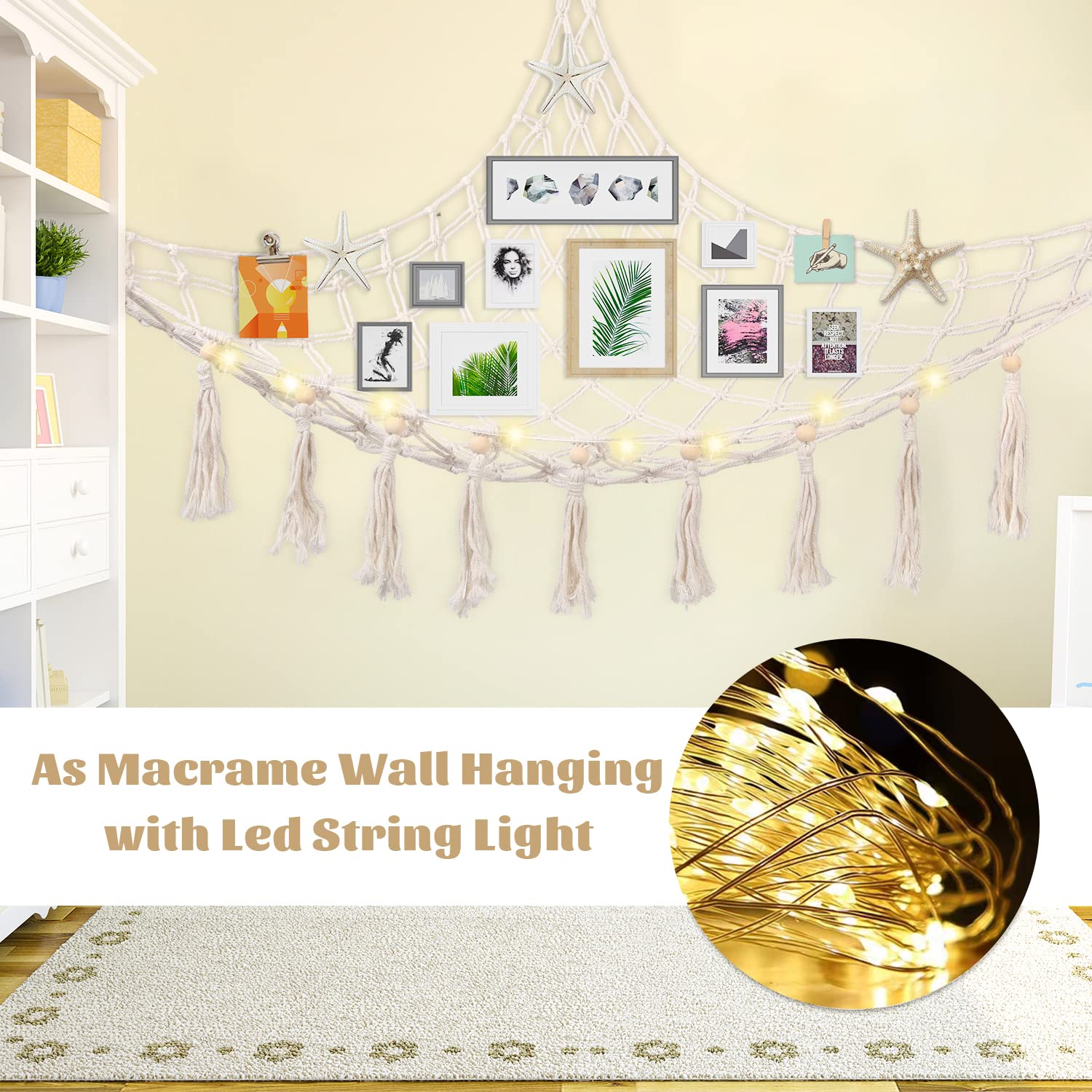 Large Stuffed Animal Hammock with LED Light, Stuffed Animal Net for Toy Storage and Wall Decor, Hanging Corner Net Holder with Hooks, Plush Macrame Toy Hammock Organizer for Nursery Playroom Bedroom