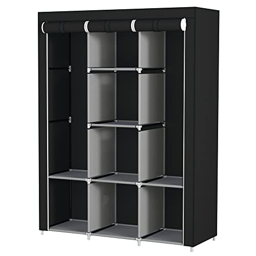 GHQME Fabric Wardrobe Portable Clothes Closet Storage Organizer with Compartments and Rods (Black Without Drawer, 49.2” x 17.3” x 63.8”)