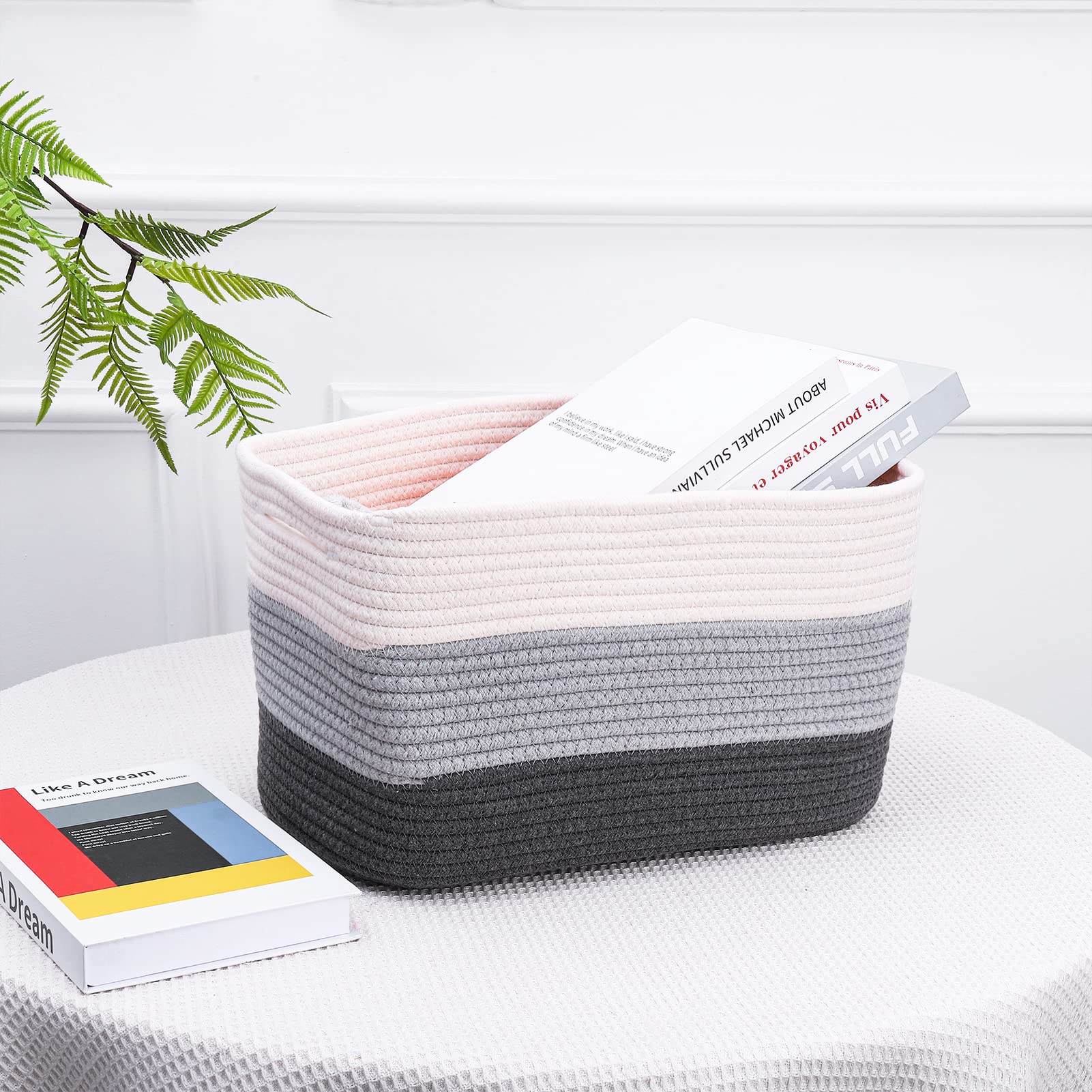 Fuyamp 3 Pack Rope Baskets Storage Cube, Woven Cotton Baskets for Shelves 15.3" x 9.8" x 9.4" Baby Nursery Cube Bin with Handles, Laundry Blanket Basket, Toy Storage for Laundry Room,Bedroom