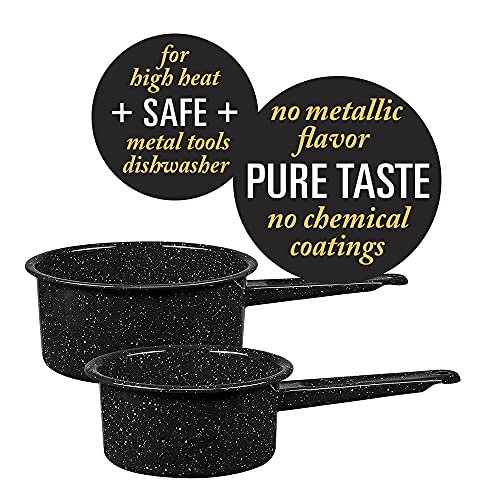 Granite Ware 1 qt y 2 qt saucepan set. Enameled steel great for camping, outdoor use, suitable for oven and direct fire.