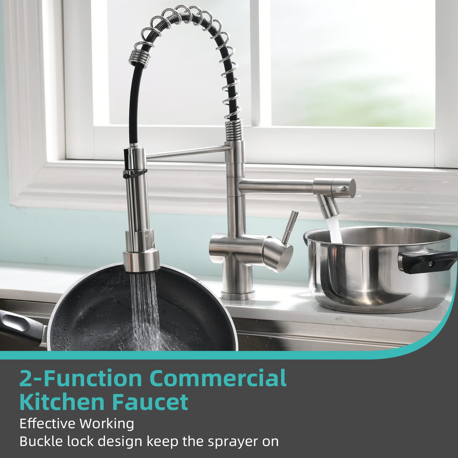 Kicimpro Faucet for Kitchen Sink, Commercial Kitchen Faucet with Pull Down Sprayer Brushed Nickel Spring Single Handle High Arc Stainless Steel Kitchen Bar Sink Faucet 1 Hole Or 3 Hole Compatible