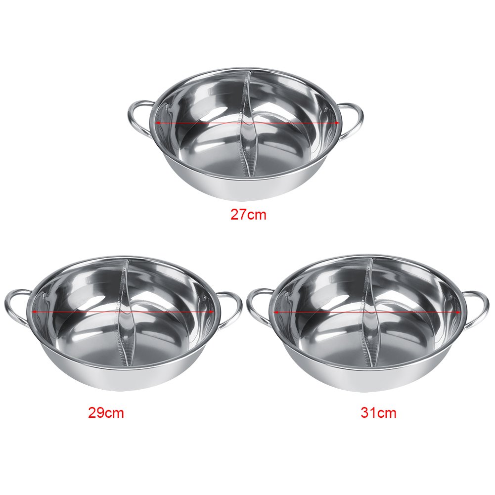 Stainless Steel Hot Pot with Divider, Thick Nonstick Hot Pot, Two Flavor Soup Pot with Hollown Handle, Induction Cooker, Gas Frunace and Log Fire Usable(29cm)