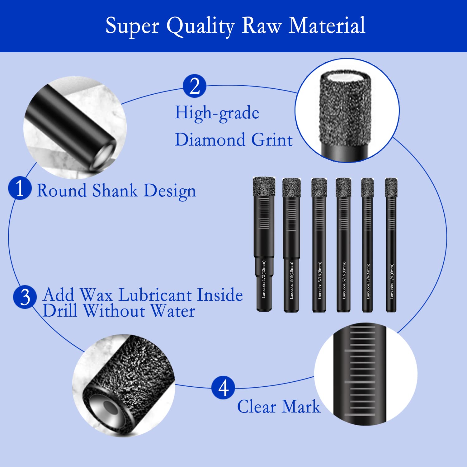 Larouoba 6PC Dry Diamond Drill Bits Set, Diamond Core Drill Bits for Tile Ceramic Granite Marble Porcelain Stone Glass Hard Materials (not for Wood) Round Shank 1/4, 5/16, 3/8, 1/2 inch.