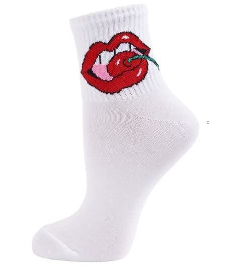 ESOMOON 5 pairs Socks with Lips Mid Calf White Cotton Socks High Ankle Lightweight Breathable Red Kiss Socks Size 6-9
