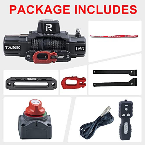RUGCEL WINCH 12000lb New Waterproof Electric Synthetic Rope Winch 12V with Hawse Fairlead, 2 in 1 Wireless Remote,Black Rope,for Truck SUV