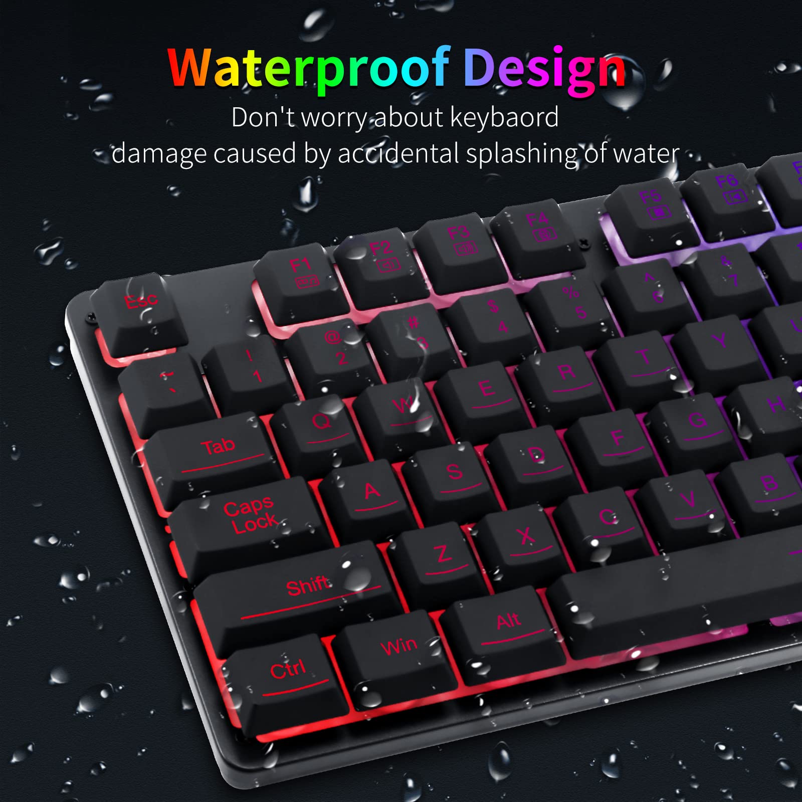 HUO JI Gaming Keyboard USB Wired with RGB Backlit, Quiet 104 Keys, Low Profile, Mechanical-Feel, Membrane Keyboard for Windows PC Mac, Black