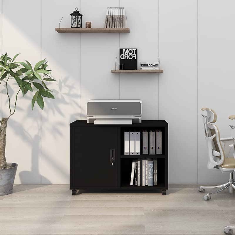 Fumedo Metal Mobile Lateral File Cabinet, Storage Locker,Printer Stand with Open Storage Shelves for Office,School,Home,Living Room. (Black)
