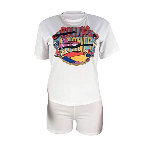 FcuteL Women Summer 2 piece Outfit Short Sleeve O neck Cartoon Print Shirt Bodycom Short Set Jumpsuit Rompers White Small