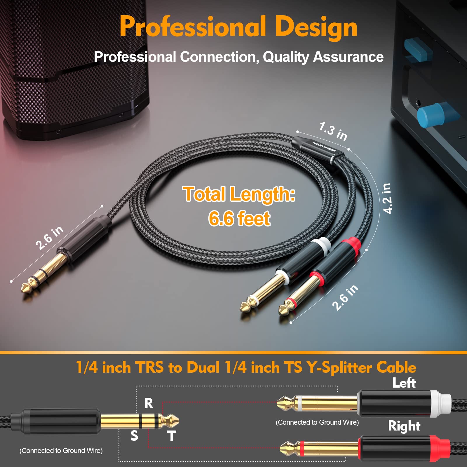 HOSONGIN 1/4 inch TRS Stereo to Dual 1/4 inch TS Mono Y-Splitter Insert Cable, Nylon Braided Jacket Gold-Plated Plug Double Shielding Cable, 10 Feet