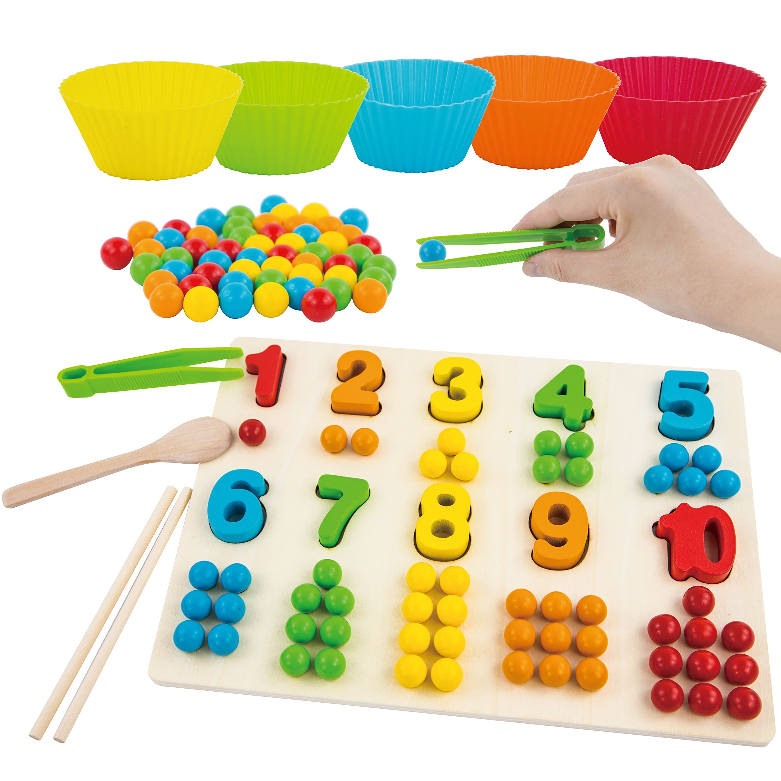 Evmark Toys & Games Wooden Montessori Numbers and Balls Math Board - Colorful Cups and Balls for Matching and Sorting to Learn Counting for Ages 3 and up