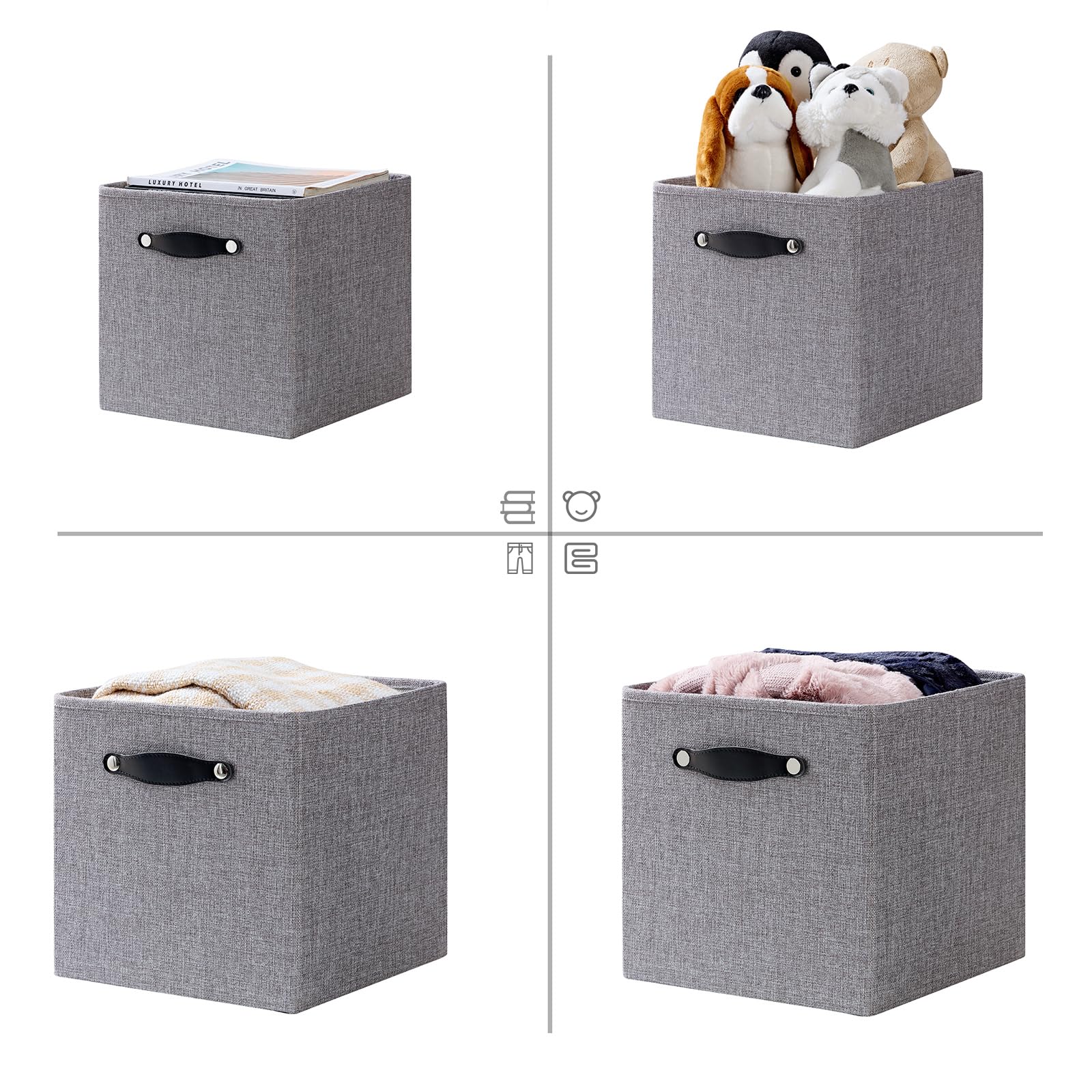 FABINADO Thickened Storage Cubes, 13x15 Inch Foldable Storage Cuby Bin with Dual Handles for Kallax, Gray, 4 Pack
