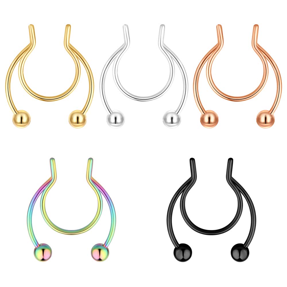 Fzroezz 20G Fake Nose Rings Hoop Clip-on Stainless Steel Septum Jewelry Non Piercing Fake Cartilage Earring Lip Rings Faux Nose Ring Piercing Jewelry for Women Men (Set F)